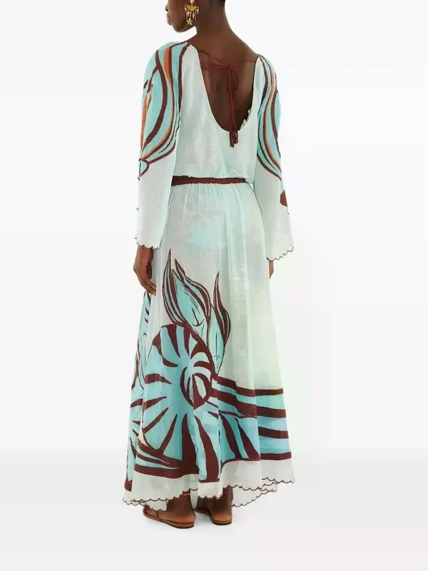 Farm Rio Fish-print Scalloped-edge Long Skirt