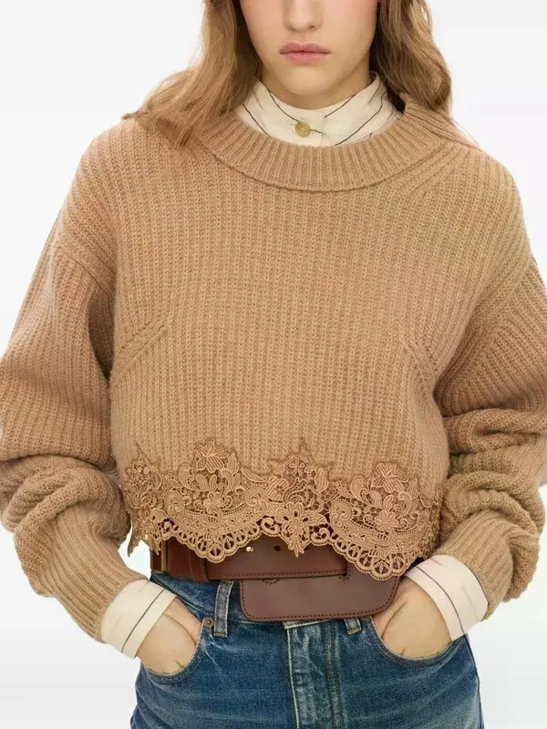 Chloé Lace-trimmed Ribbed Knit Sweater - Neutrals