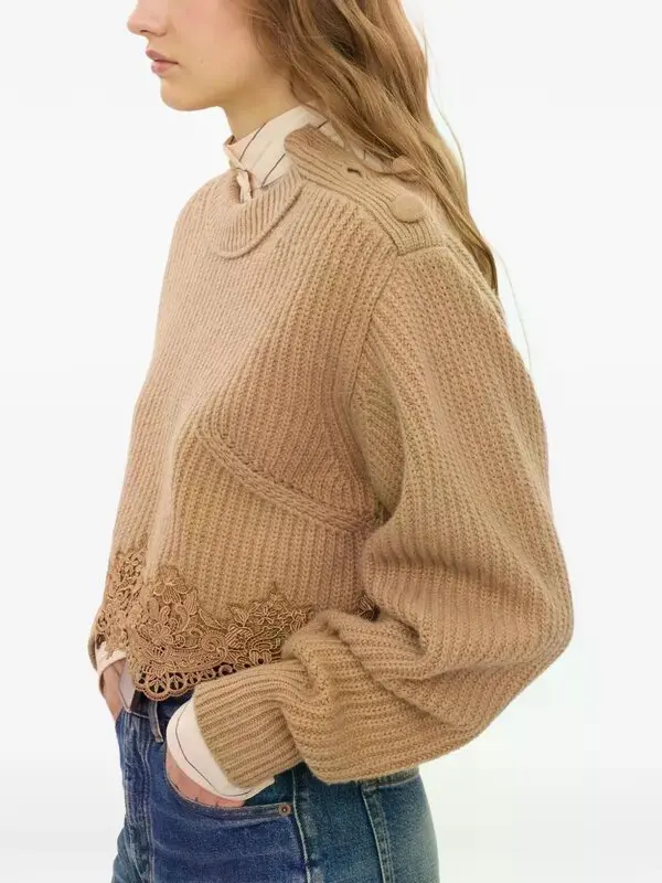 Chloé Lace-trimmed Ribbed Knit Sweater - Neutrals