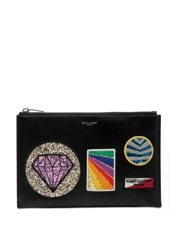 Saint Laurent 2016 Leather Multi Patch Zip Pouch Clutch Bag - Black