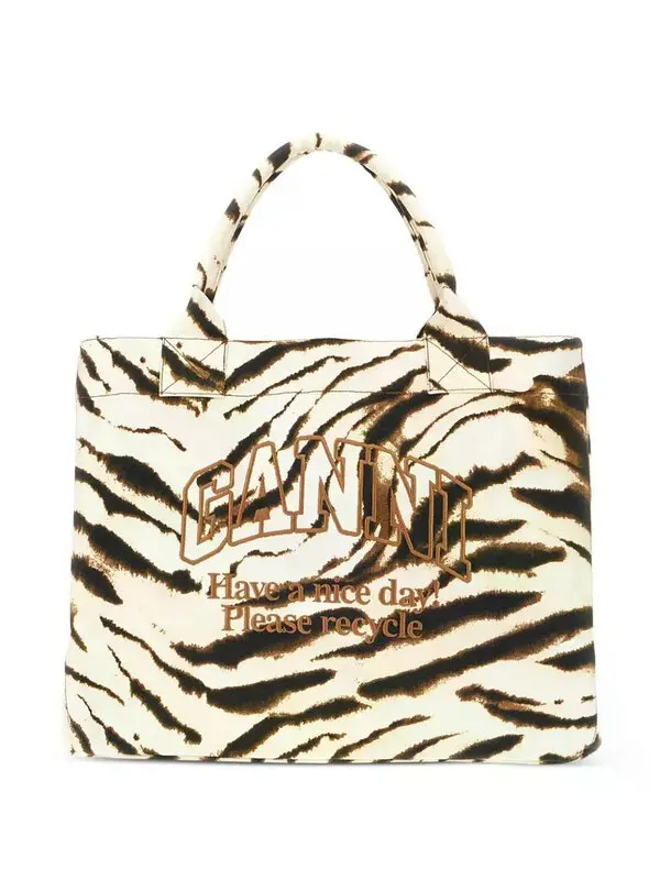 GANNI Tiger-print Logo-embroidered Tote Bag - Neutrals