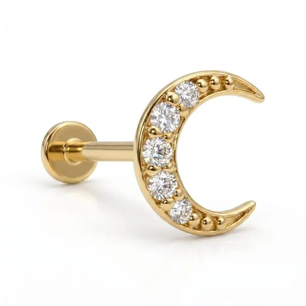 ZAHAV JEWELRY 14k Solid 18g 8mm Moon Round Cz Pave Internally Threaded Flat Back Stud