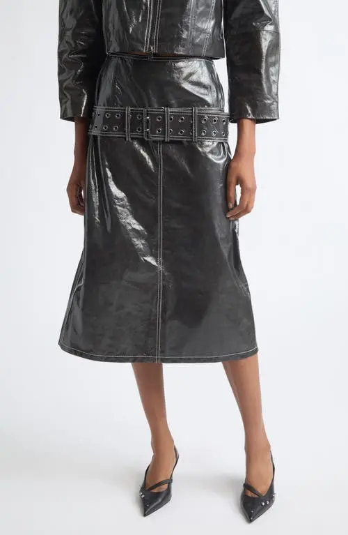 DIESEL® Belted Patent Leather Midi Skirt - Grey