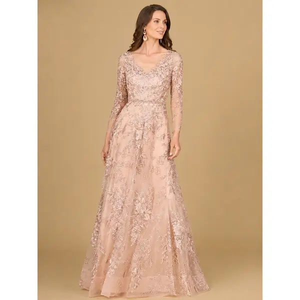 LARA NEW YORK Long Sleeve V-neck Lace Gown With Beaded Belt - Blush