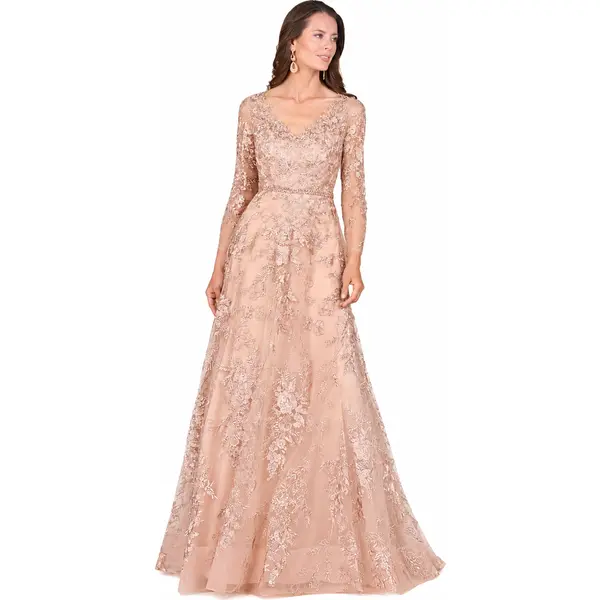 LARA NEW YORK Long Sleeve V-neck Lace Gown With Beaded Belt - Blush