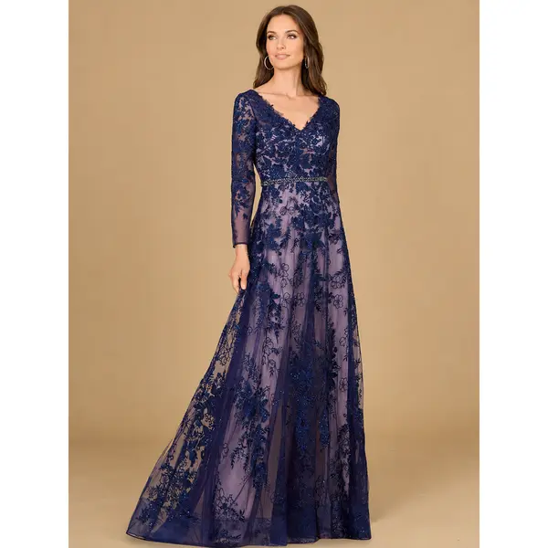 LARA NEW YORK Long Sleeve V-neck Lace Gown With Beaded Belt - Navy