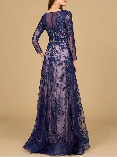 LARA NEW YORK Long Sleeve V-neck Lace Gown With Beaded Belt - Navy