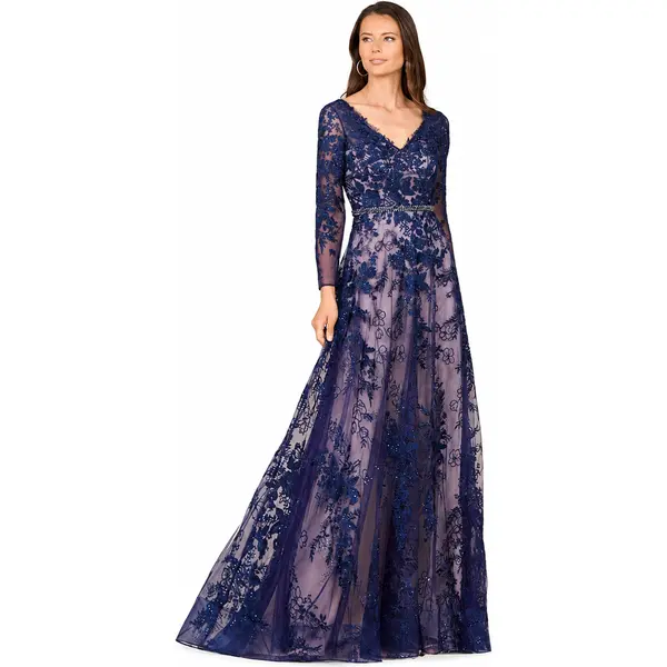 LARA NEW YORK Long Sleeve V-neck Lace Gown With Beaded Belt - Navy