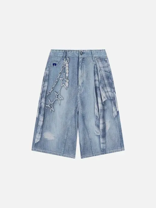 AELFRIC EDEN Plaid Panel Chain Denim Shorts