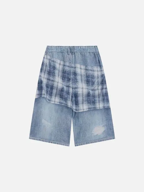 AELFRIC EDEN Plaid Panel Chain Denim Shorts
