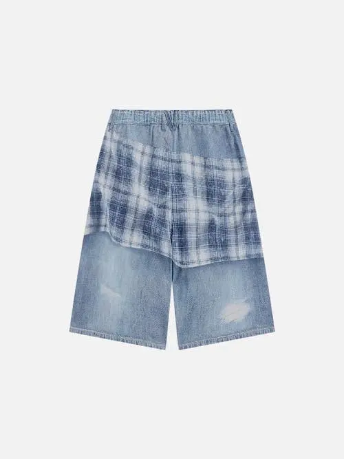 AELFRIC EDEN Plaid Panel Chain Denim Shorts