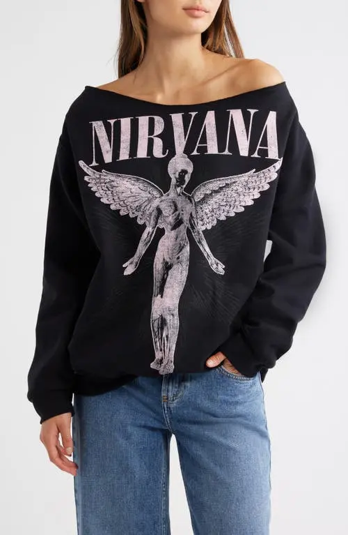 MERCH TRAFFIC Nirvana Graphic Off-the-shoulder Sweatshirt - Black