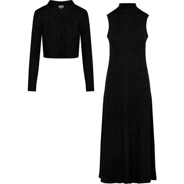 Coco Mock Neck Midi Dress With Invisible Zipper & Button Front Cardigan 2-piece Set - Black