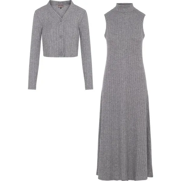Coco Mock Neck Midi Dress With Invisible Zipper & Button Front Cardigan 2-piece Set - Grey