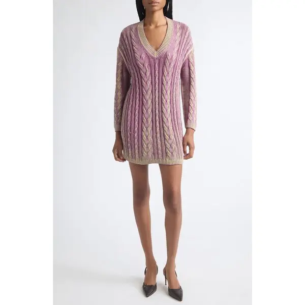 DIESEL® Bleached Long Sleeve Cable Knit Sweater Dress - Sandy/beige