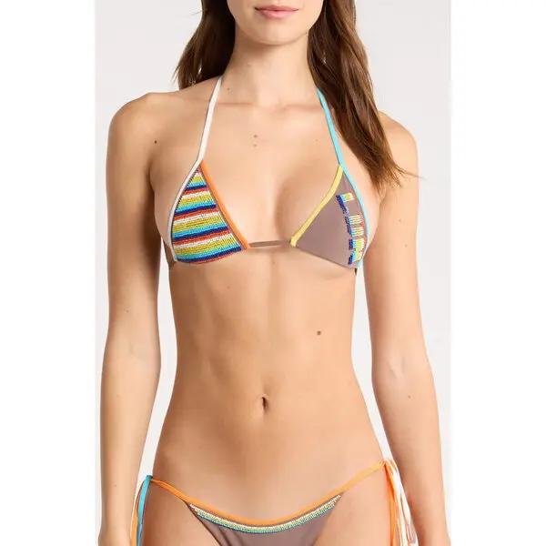 JADED LONDON Embellished Triangle Bikini Top - Brown Multi