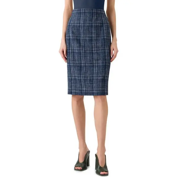 Akris Plaid Wool Blend Tweed Pencil Skirt - Navy-ecru