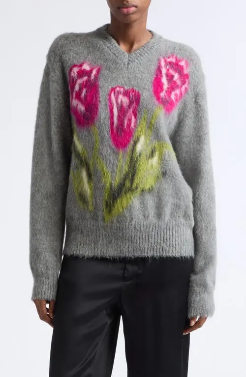 MAISON MARGIELA Floral Alpaca & Wool Blend V-neck Sweater - Grey/ecru/burgundy/green