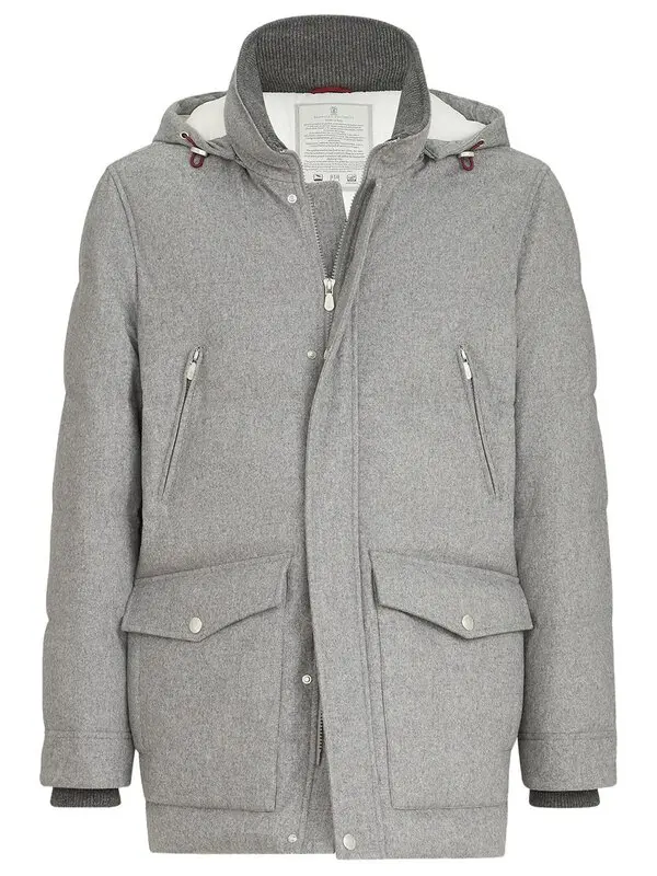 Brunello Cucinelli Membranous Wool Flannel Parka With Removable Hood - Grey