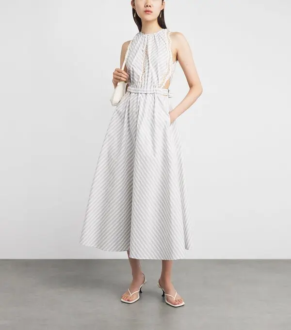 Sandro Cotton Stripe Embroidered Midi Dress