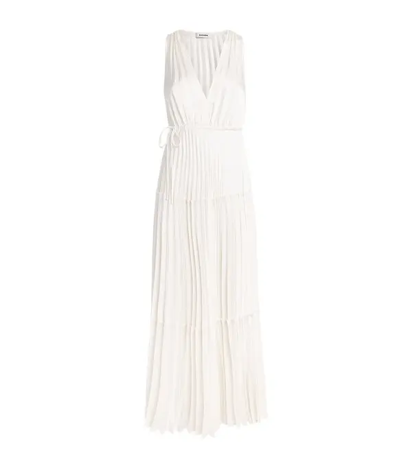 Sandro Pleated Maxi Dress With Plunge Neckline - Beige