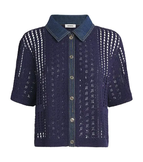 Sandro Crochet Denim-trim Cardigan