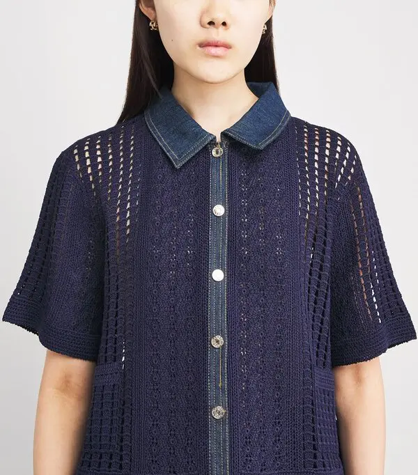 Sandro Crochet Denim-trim Cardigan