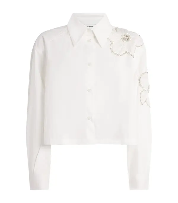 Sandro Cotton Shirt With Tulle Floral Appliqués And Pearlescent Bead Embellishments - Beige