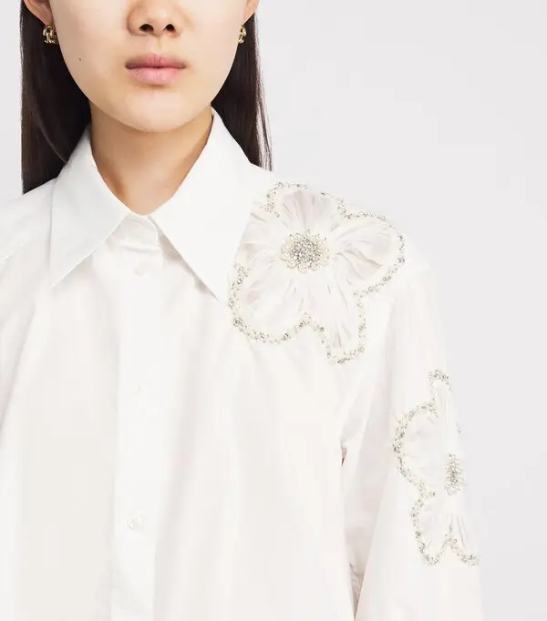 Sandro Cotton Shirt With Tulle Floral Appliqués And Pearlescent Bead Embellishments - Beige