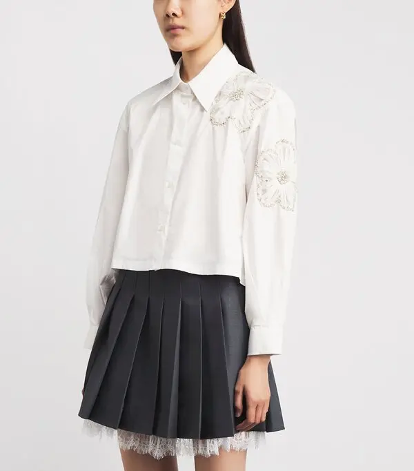 Sandro Cotton Shirt With Tulle Floral Appliqués And Pearlescent Bead Embellishments - Beige