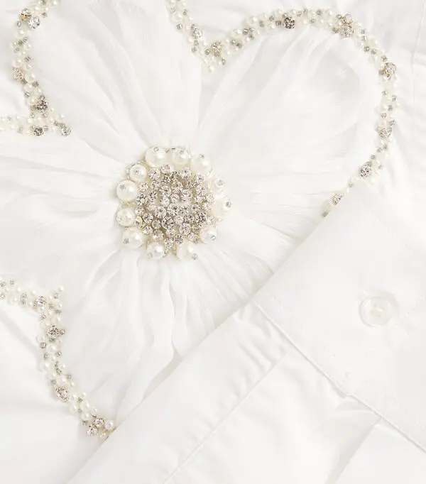 Sandro Cotton Shirt With Tulle Floral Appliqués And Pearlescent Bead Embellishments - Beige