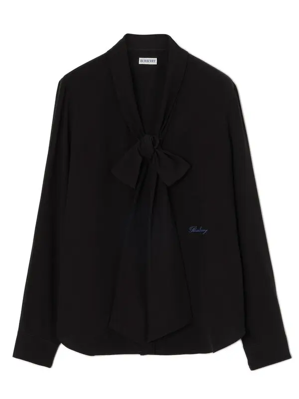 Burberry Silk Embroidered Logo Scarf-tail Blouse - Nero