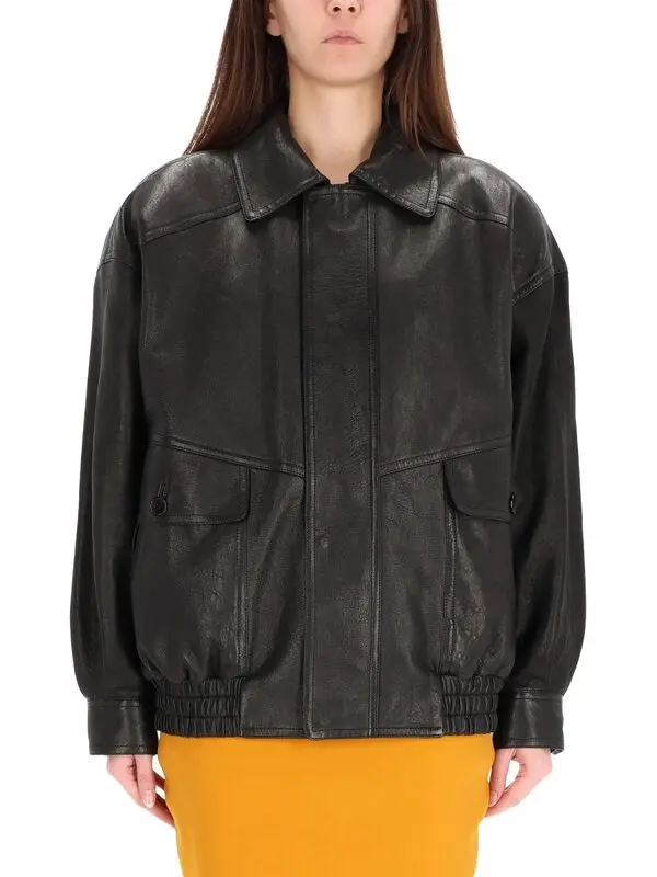Saint Laurent Balloon Fit Lamb Leather Bomber Jacket Fw25 - Black
