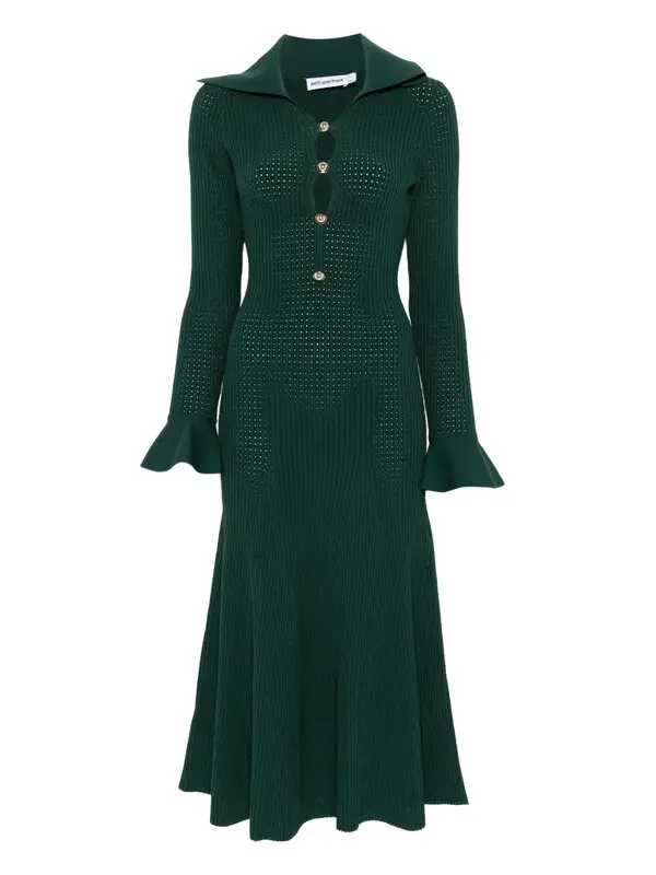 SELF-PORTRAIT Knit Midi Dress With Oversized Collar And Feathered Cuffs - Verde