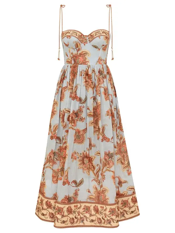 Zimmermann Printed Cotton Corset Mini Dress With Tie-shoulder Straps - Azzurro