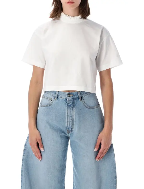 Alaïa Sculpted High-neck Cotton Jersey T-shirt With Back Zip - Bianco