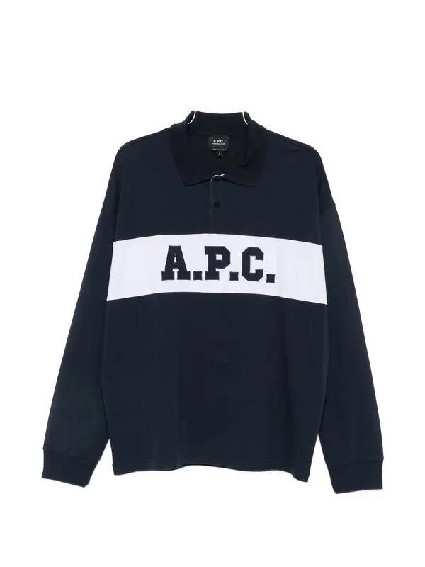A.p.c. Long-sleeve Cotton Polo Shirt With Front Logo And Ribbed Cuffs - Blu