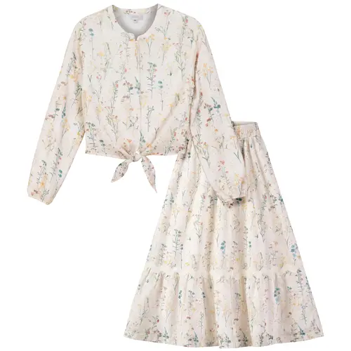 ASPECT Floral Woven Tie Front Shirt And Skirt Set - Cream