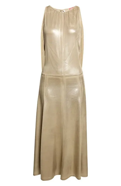 DIESEL® Sleeveless Metallic Jersey Midi Dress With Tie Neck Detail