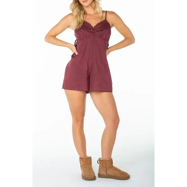 Roxy Moonrise Cotton Romper With Lace Trim - Port