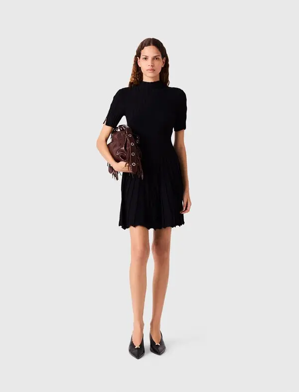Maje Short Ribbed Knit Dress With High Neck And Flared Skirt - Black