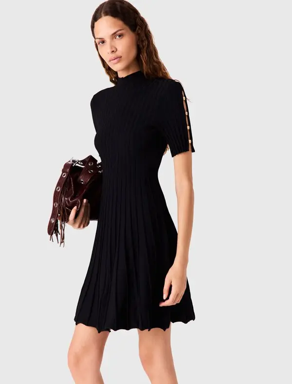 Maje Short Ribbed Knit Dress With High Neck And Flared Skirt