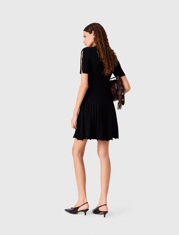 Maje Short Ribbed Knit Dress With High Neck And Flared Skirt