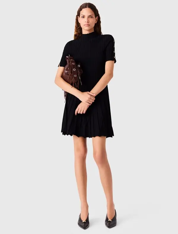 Maje Short Ribbed Knit Dress With High Neck And Flared Skirt
