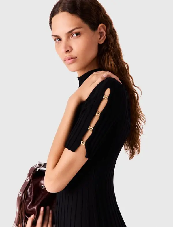 Maje Short Ribbed Knit Dress With High Neck And Flared Skirt