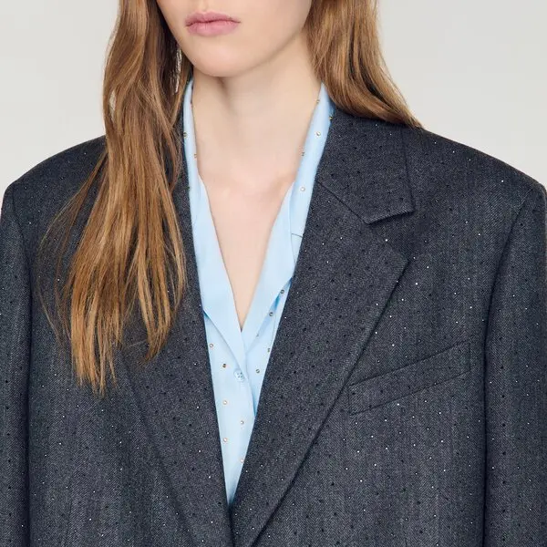 Sandro Long Wool Coat With Rhinestone Embellishments