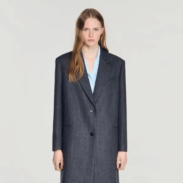 Sandro Long Wool Coat With Rhinestone Embellishments
