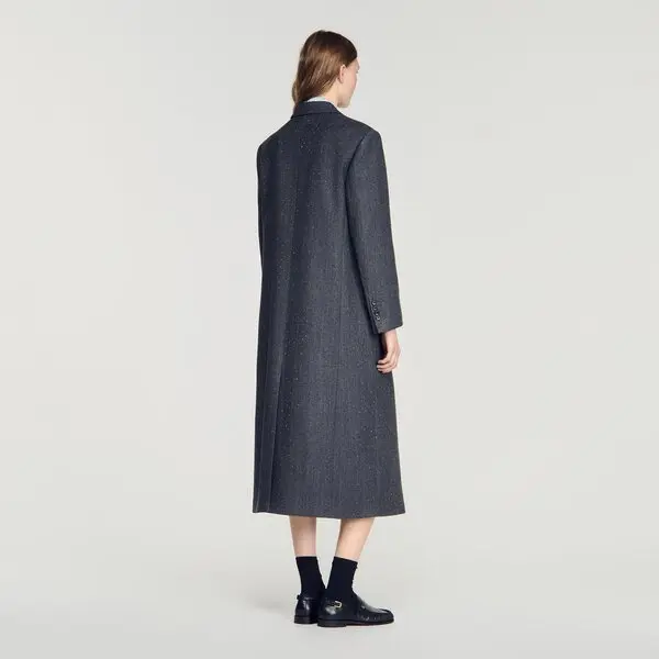 Sandro Long Wool Coat With Rhinestone Embellishments
