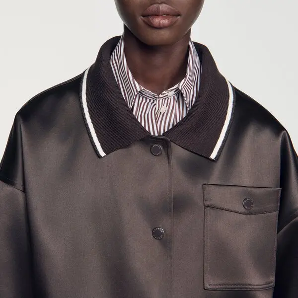Sandro Satin-look Jacket With Polo Collar And Drawstring Hem