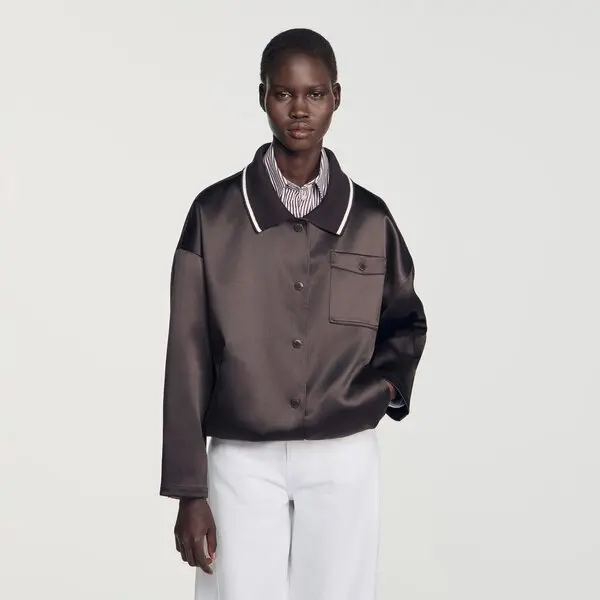 Sandro Satin-look Jacket With Polo Collar And Drawstring Hem